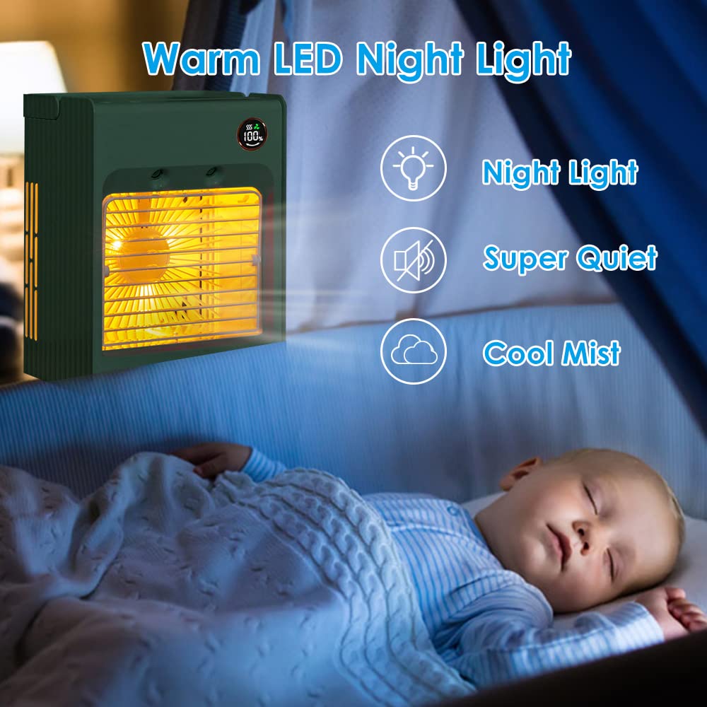 Personal Desk Fan With Cool Misting & Night Light, Built-in 300ML Water Tank Portable Air Conditioners with Handle, 120°Auto Oscillation, 4000mAh Rechargeable Battery Mini Evaporative Cooler for Small Room Camping(Green)