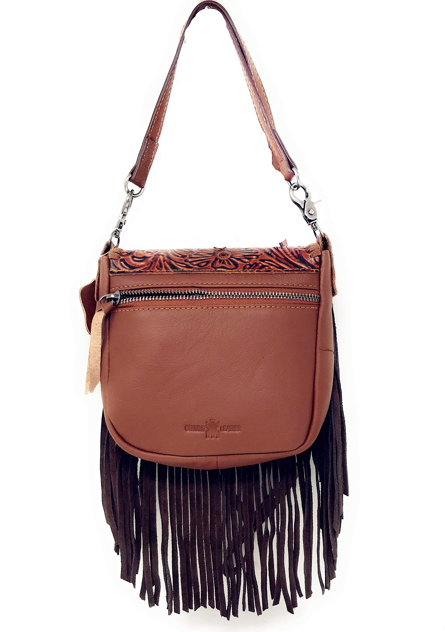 Texas West Western Genuine Leather Tooled Horse Fringe Women's Crossbody Bag in 2 colors (Brown)