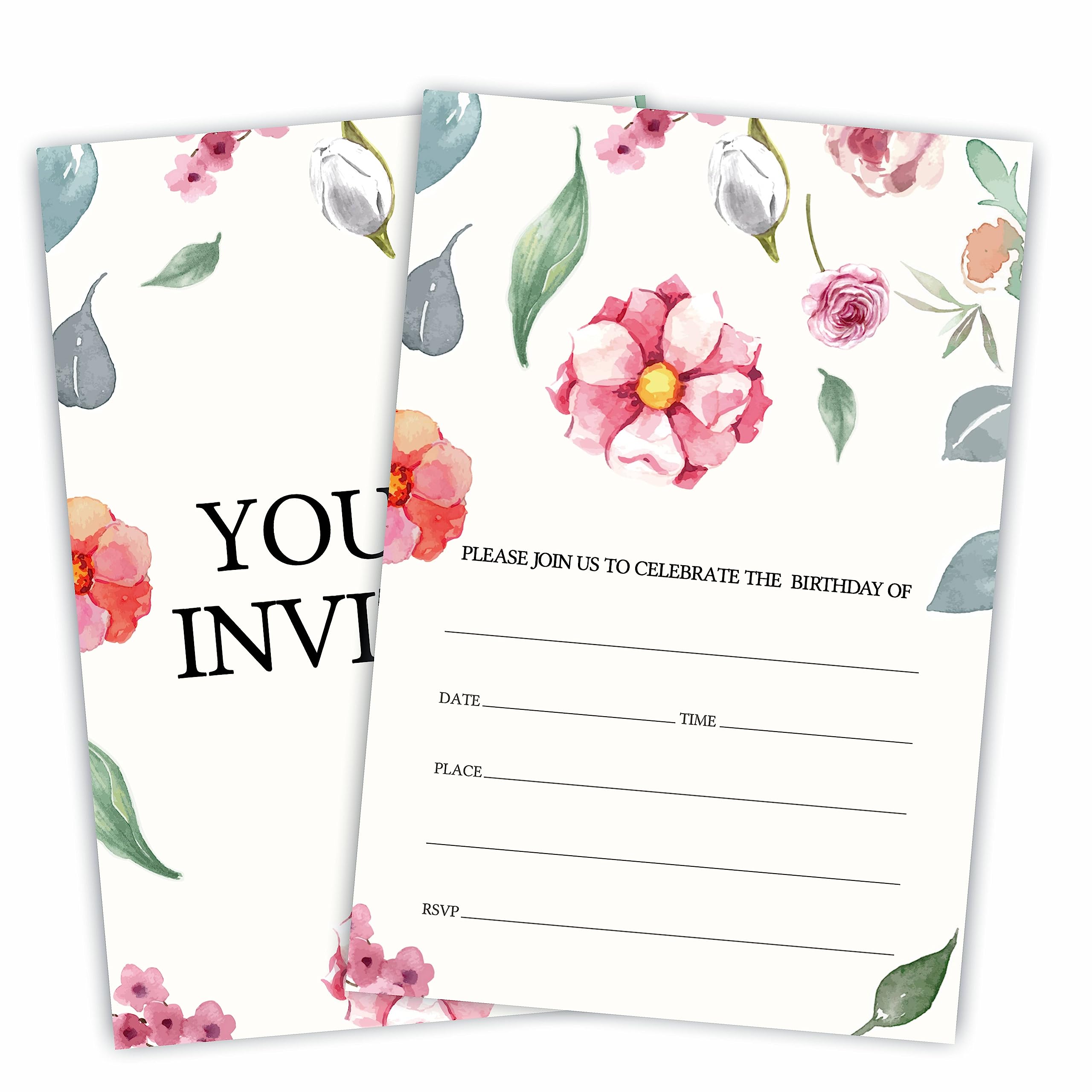 JCVUK Floral & Greenery Birthday Invitation Cards, 20 Watercolor Invites With Envelopes, Double-sided Fill In Style Invitations, Birthday Party Favor, Decorations And Supplies - 06