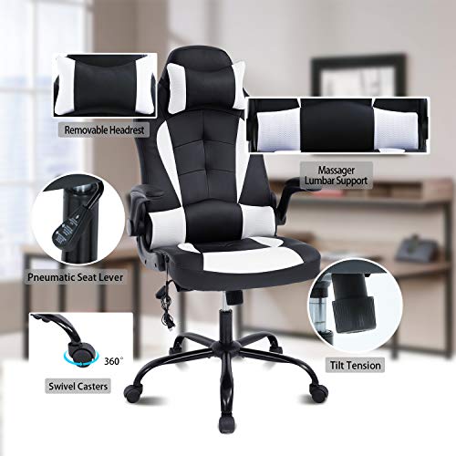 HCB Office Chair, Gaming Chair, Ergonomic Computer Desk Chair High Back Rolling Swivel Height Adjustable with Flip-Up Arms, Headrest and Lumbar Support, Massager, Leather (White)