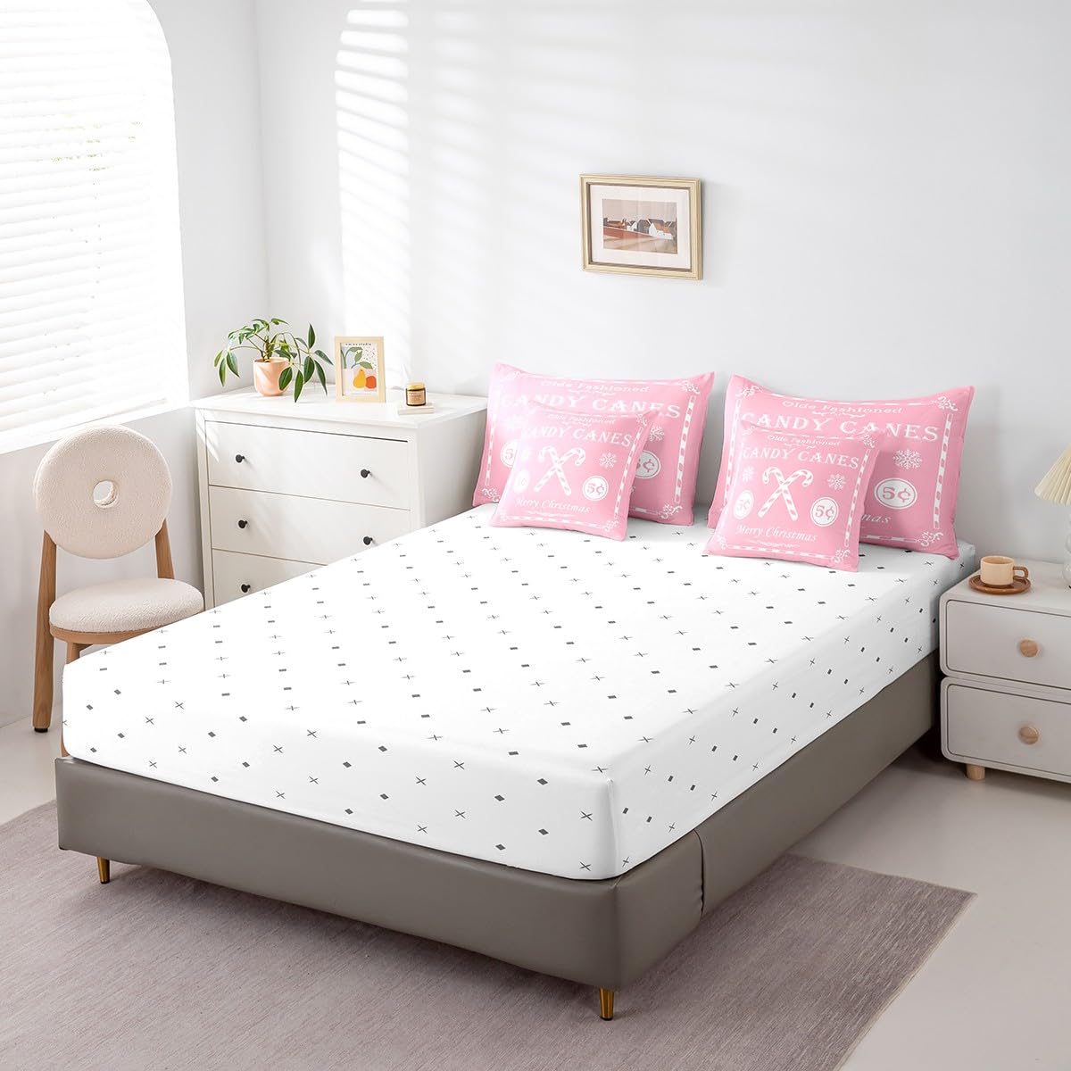 Feelyou Christmas Bedding Set 7 Pieces King Size Kids Christmas Quote Bedding Set Teens Candy Canes Print Comforter Set Xmas Pink White Bed in a Bag (Comforter, Sheets, Pillowcases & Cushion Covers)