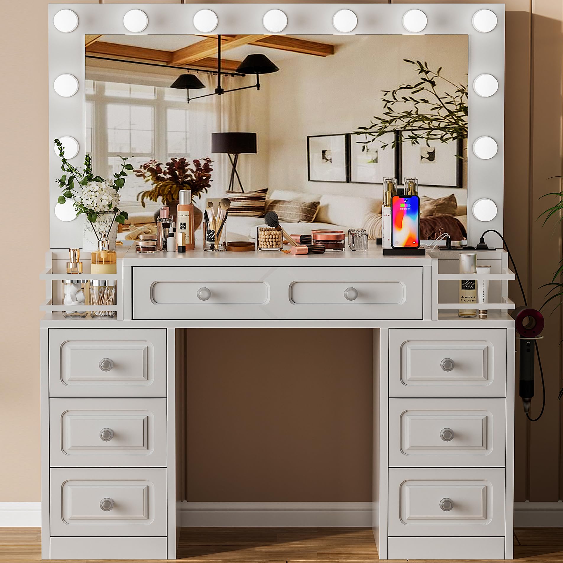 FURNJOYLIFE Farmhouse Makeup Vanity Desk with Lighted Mirror & Power Outlet, Vanity Dresser Table with 3 Lighting Modes Brightness Adjustable,7 Drawer,2 Shelves,Hair Dryer Stand for Bedroom,White