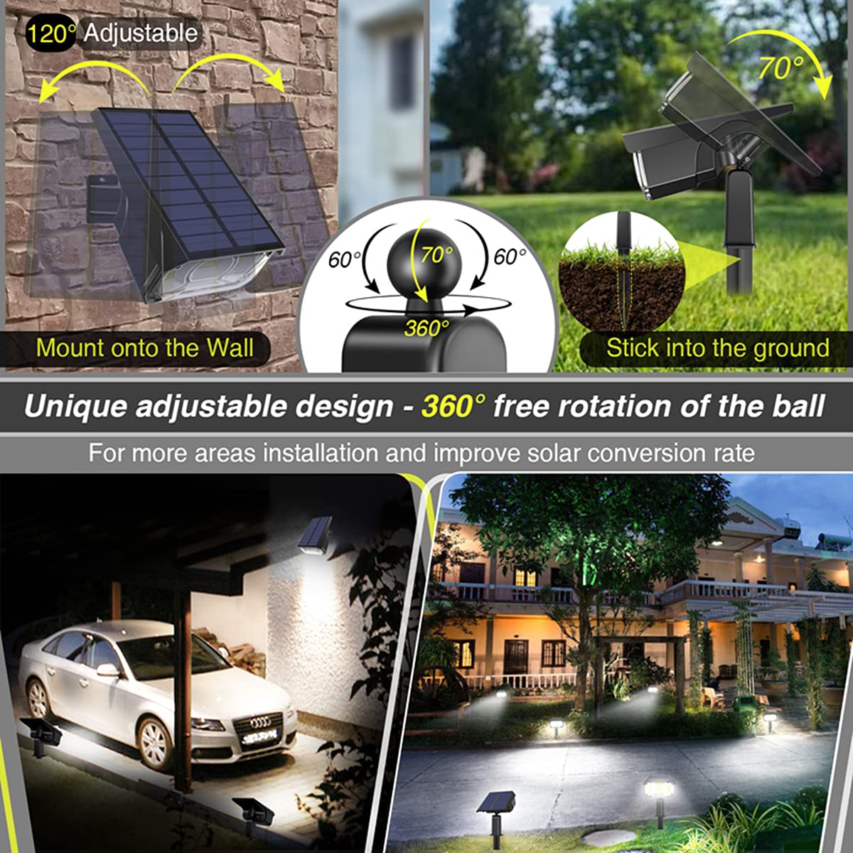 Pesivi Solar Spot Lights Outdoor, 40 LEDs Landscape Lighting Spotlights, Adjustable 2-in-1 USB & Solar Powered IP65 Waterproof Garden Light for Yard Backyard Walkway Driveway Patio Pool Trees, 4 Pack
