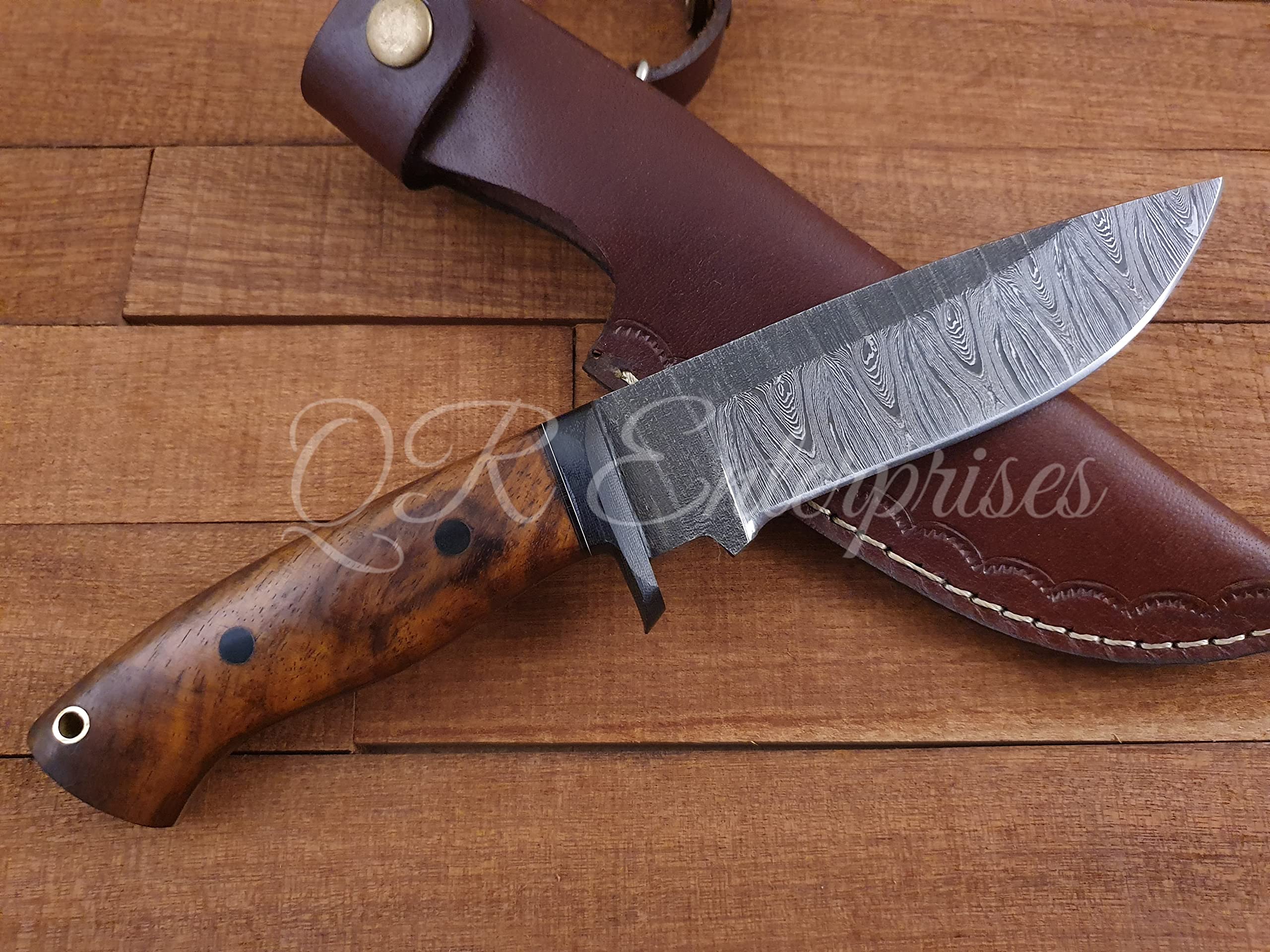 Classic Blades Damascus Steel Fixed Blade Hunting knife, Bushcraft, Bowie, Survival, Outdoor, Camping, Wooden Handle knife With leather Sheath.