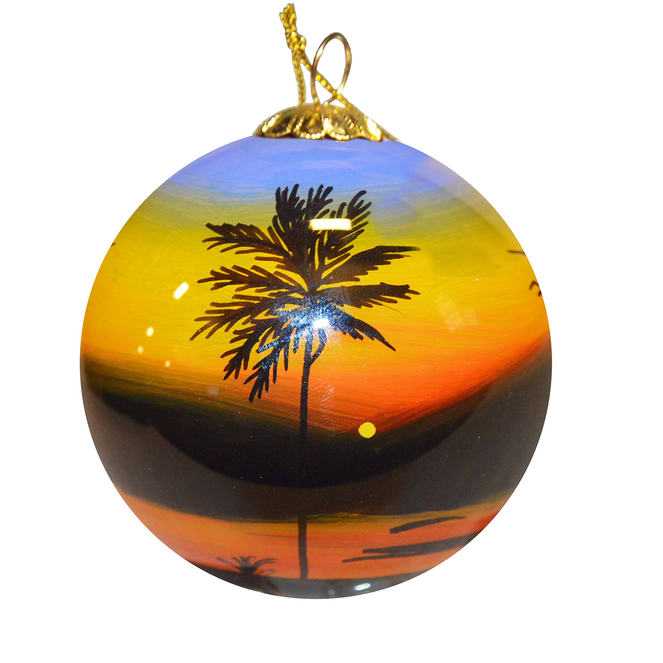 Blown Glass Christmas Ornament | Sunset Palm Trees and Seagulls | Hand Painted Inside | Original Art | Includes Gift Box