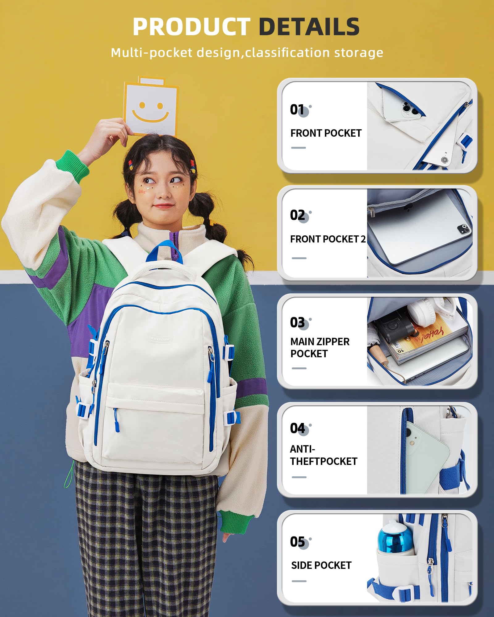 BOXSAM Lightweight Backpack for Women, Large Laptop Travel Backpack Casual Daypack College Bag Rucksack for Men. White