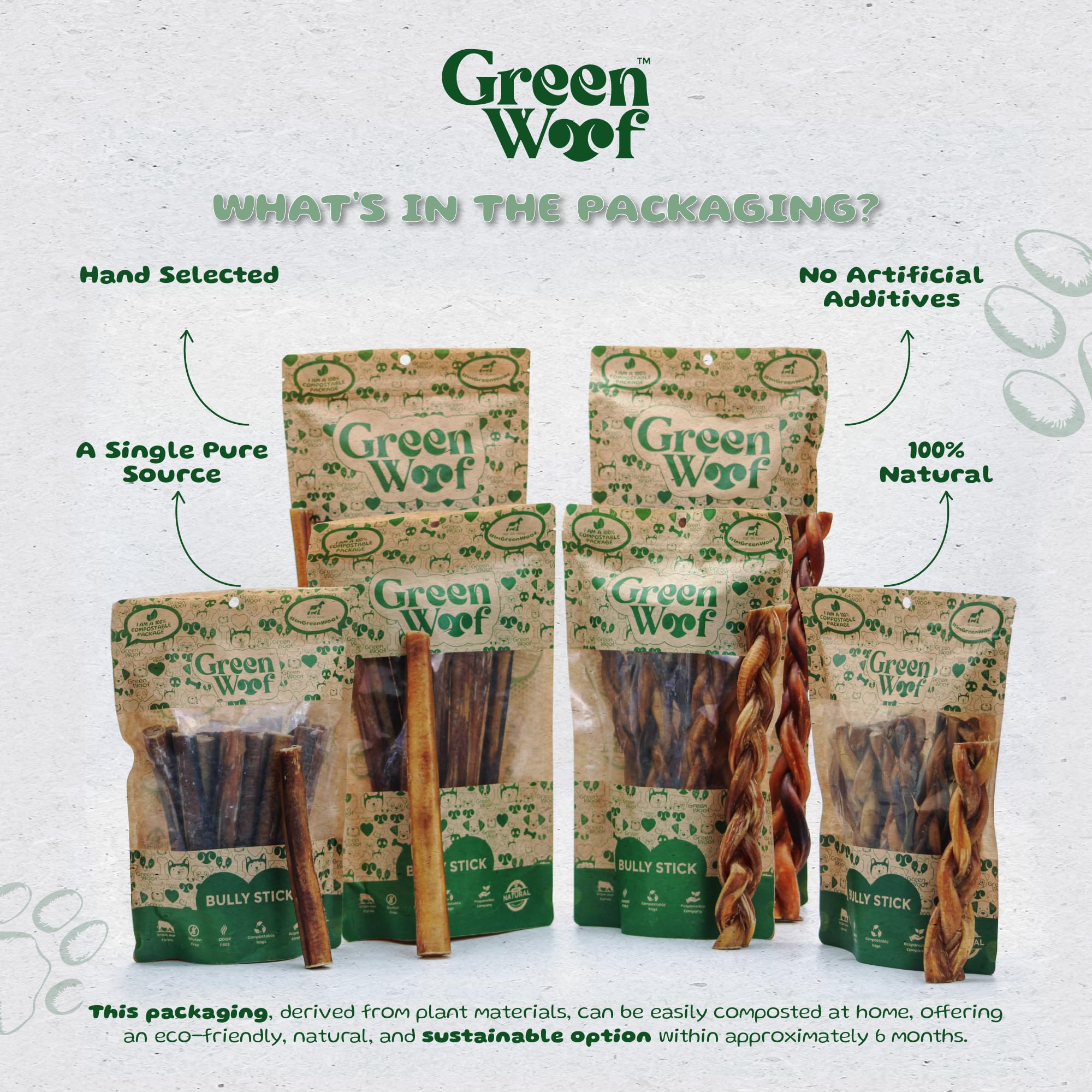 Green Woof, Bully Sticks (6 Inch), Easily Digestible 100% Pure Beef Treats, Pasture-Raised, Organic, Grain-Free, Durable and Long-Lasting Chews for Medium & Large Dogs (Medium, 10, Count)