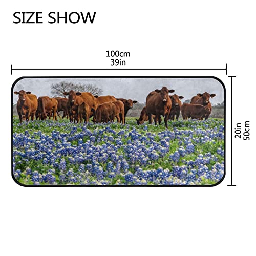 Cows Bluebonnets Spring Kitchen Rugs Cattle Animal Bath Mat for Bathroom Absorbent Non Skid Washable Standing Floor Desk Mat Runner Carpet for Home Office Hallway Sink Stove Laundry 39X20 inches