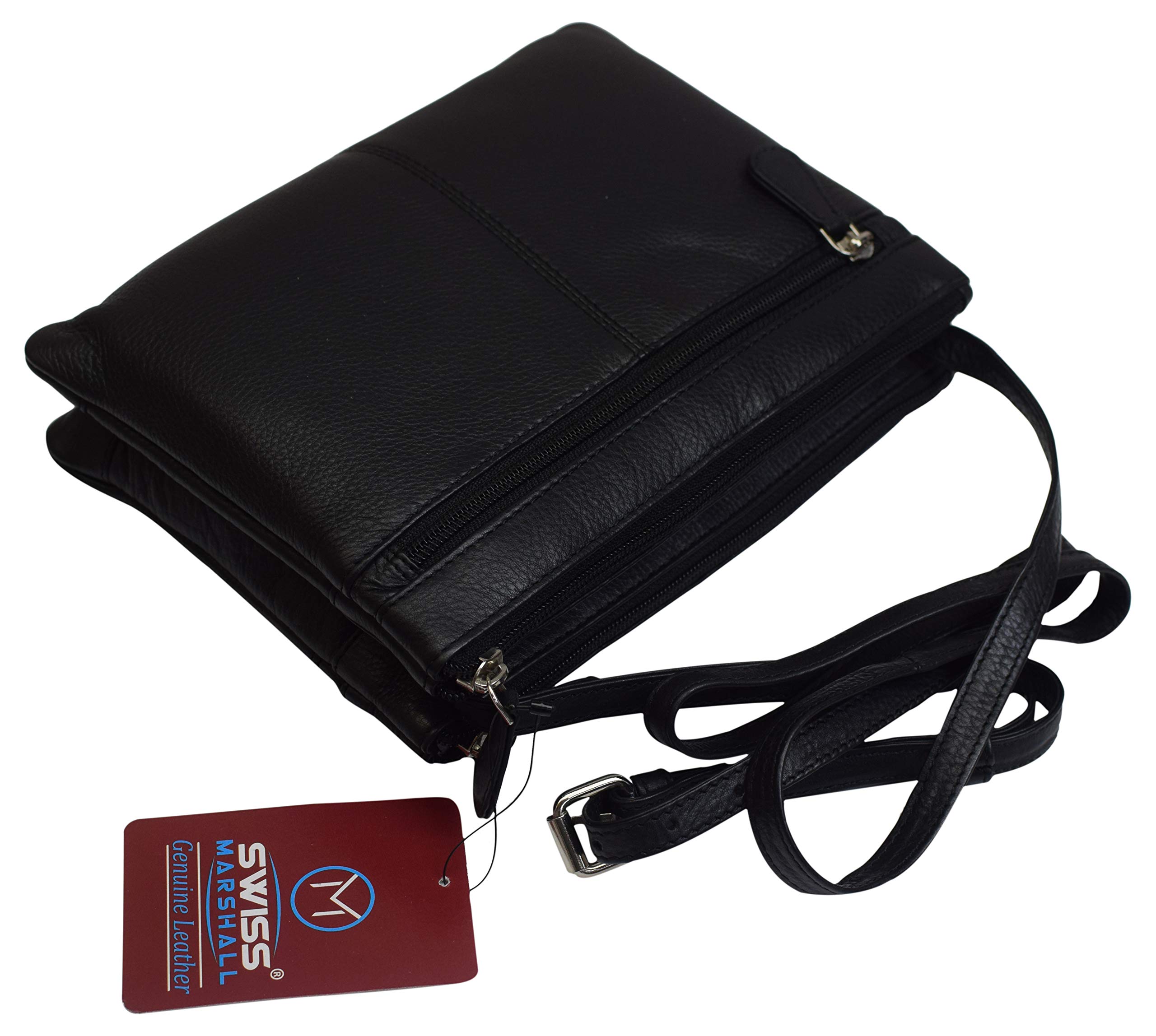 Swiss Marshal Genuine Leather Womens Purse Double Zipper Top Pockets Crossbody Shoulder Bag for Ladies (Black)