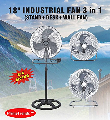 PrimeTrendz TM 18 Inch Industrial Grade 3 in 1 Stand + Desk + Wall Fan | High Velocity Standing Mount Oscillating Fan