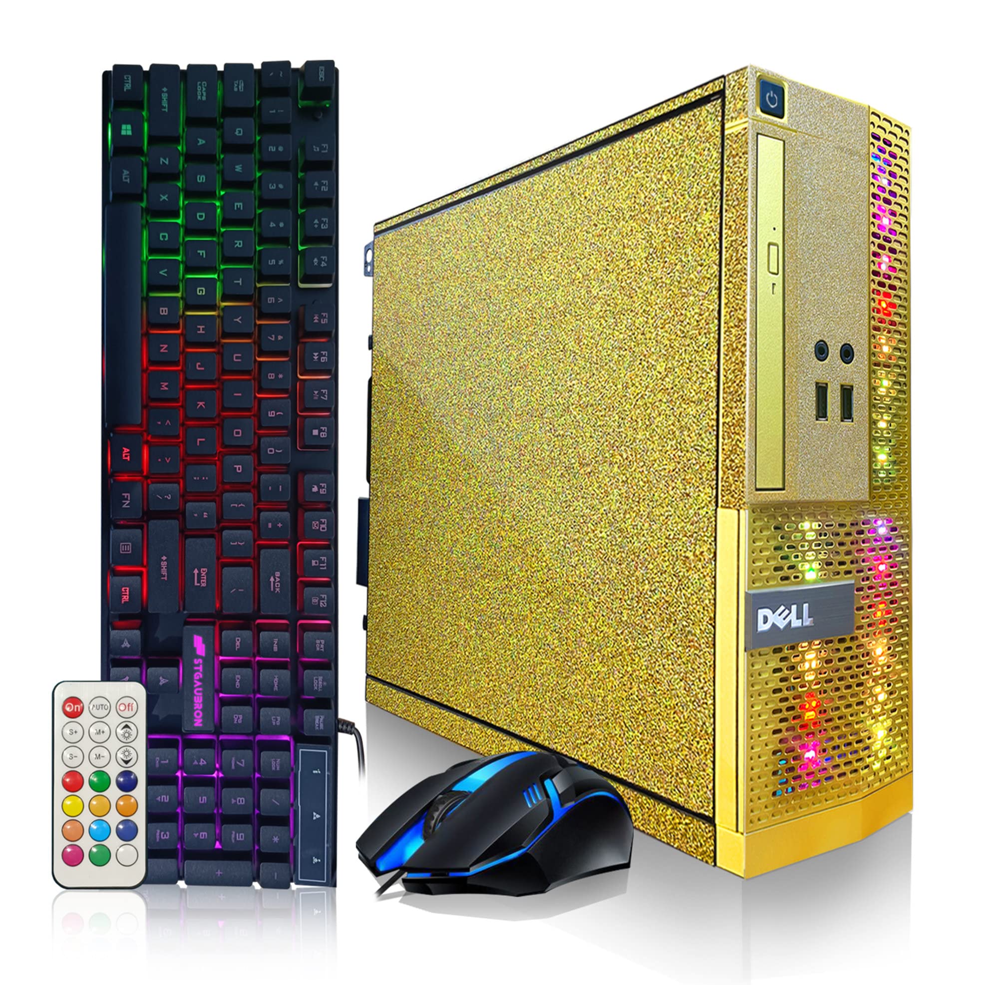 Dell PC Treasure Box RGB Desktop Computer Intel Quad Core I5 up to 3.6G, 16G, 512G SSD, WiFi & Bluetooth, RGB Gaming PC Keyboard & Mouse, DVD, Windows 10 Pro (Renewed) (Glamour Gold)