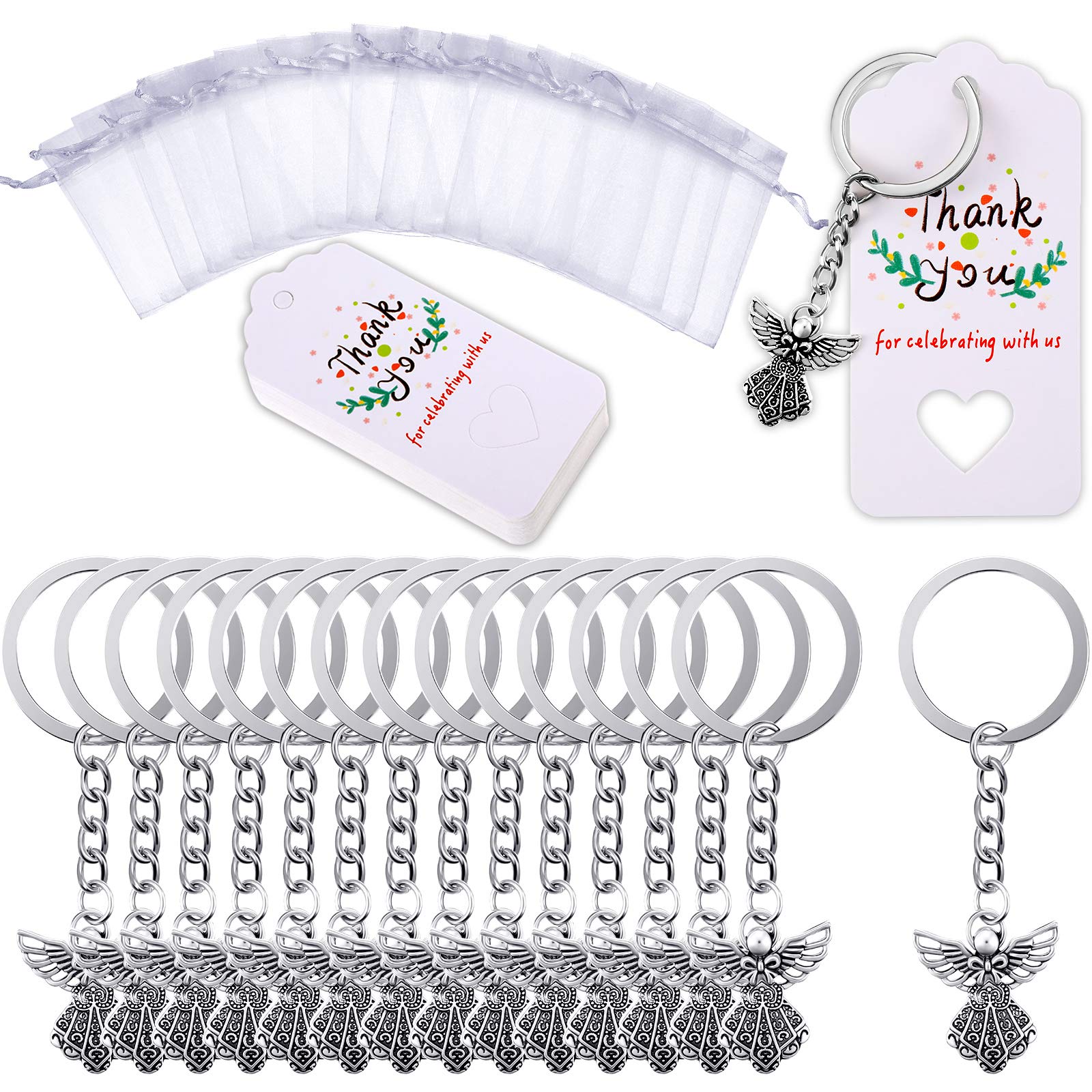 Hicarer 30 Set Angel Keychain Gift Bulk Thank You Gift Baptism Pendant Keychain Favor Key Ring with Thank You Tag Organza Bag for Baby Shower Baptism Party