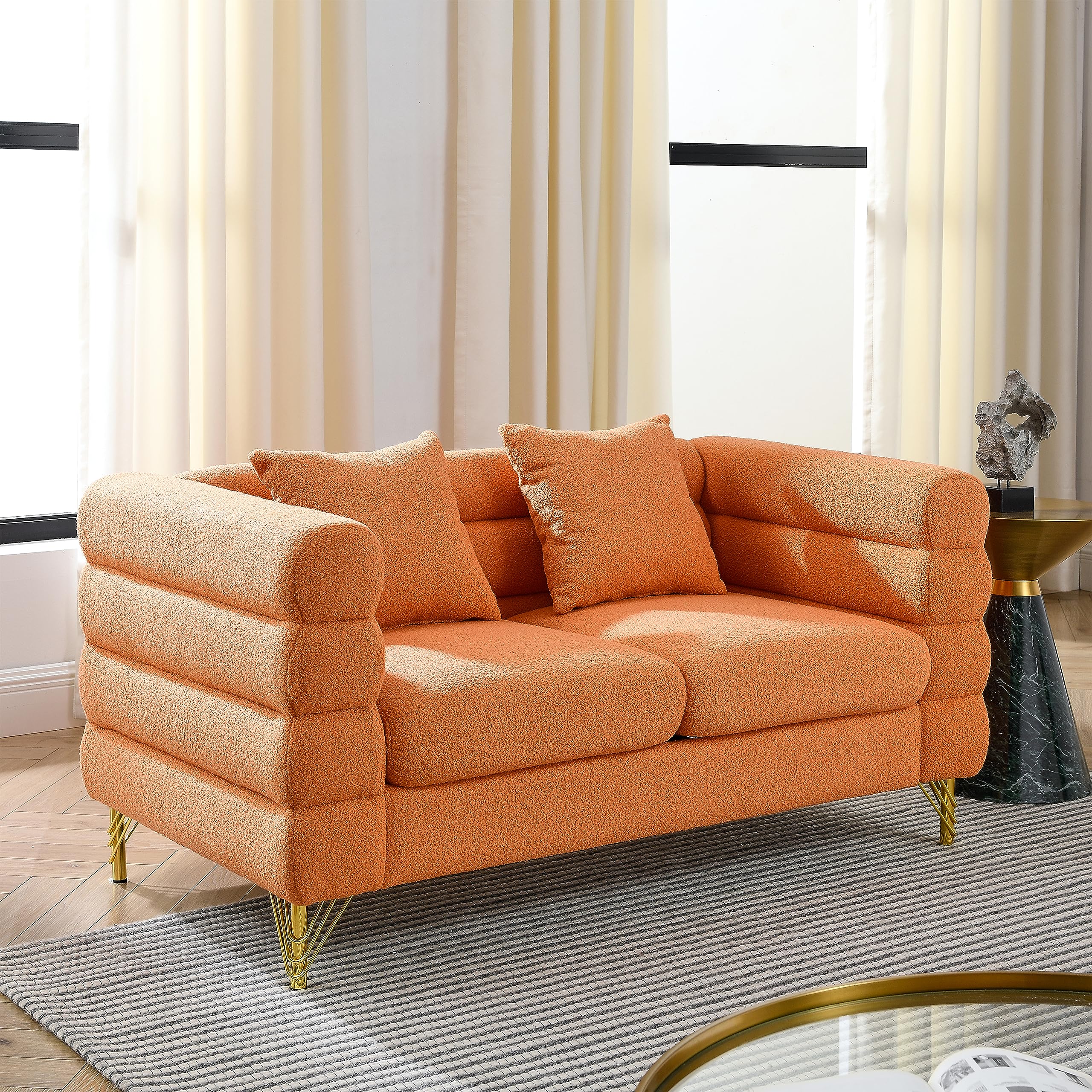 Deolme 60" W Teddy Orange Loveseat Sofa Couch with Firm Strcuture & Thicken Sponge Comfy Love Seat Couches Sleeper for Living Room Bedroom Small Spaces Mid-Century Modern Furniture