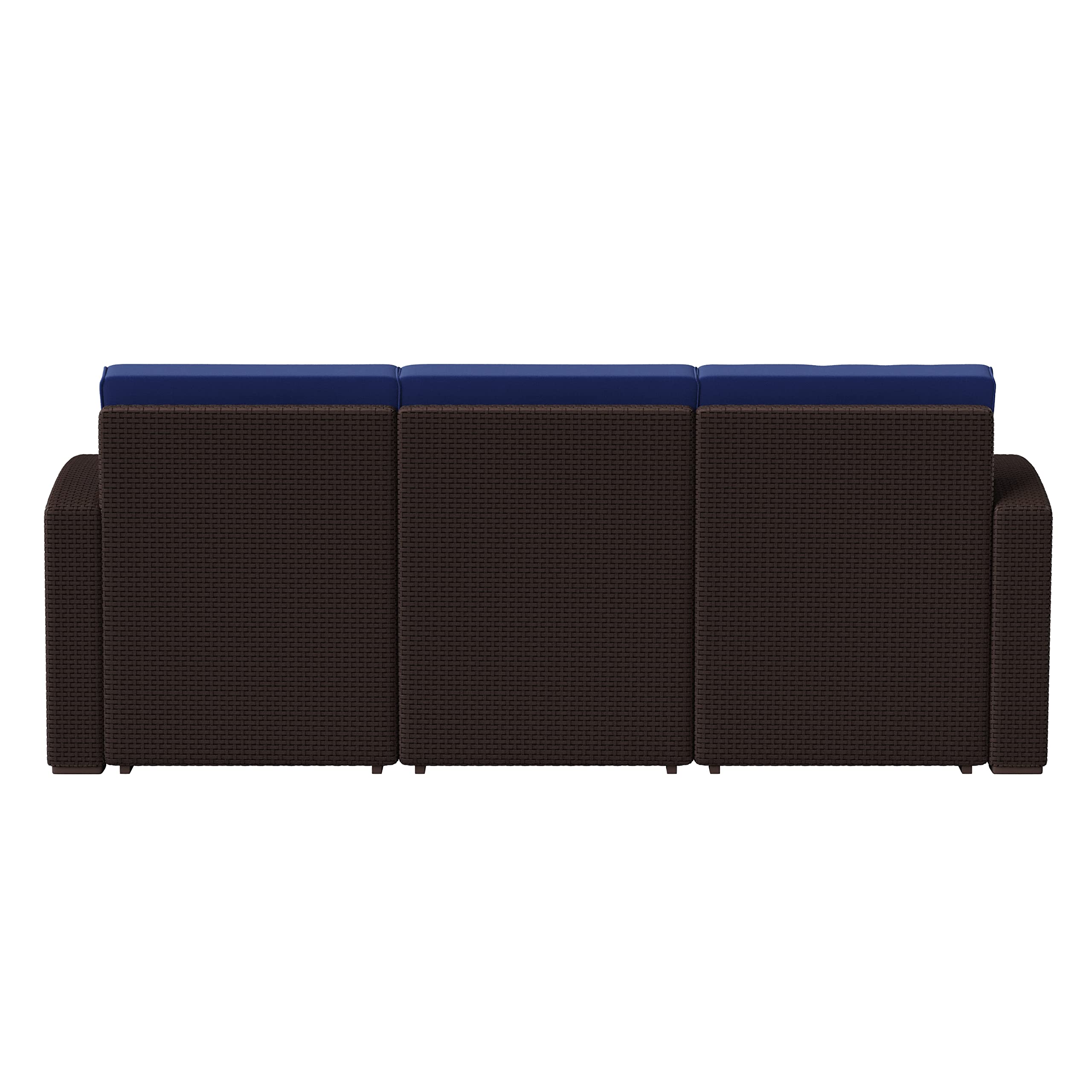 Flash Furniture Seneca Chocolate Brown Faux Rattan Sofa with All-Weather Navy Cushions
