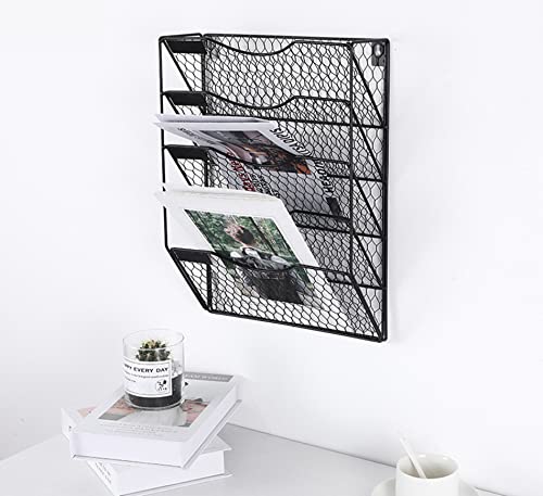 BSJYMJIAJU 5 Slots Arc Wall File Holder Wall Mount Magazine Rack Hanging Mail Organizer Metal Wire Mesh Wall Mount Mail Literature Organizer for Home and Office (Black)