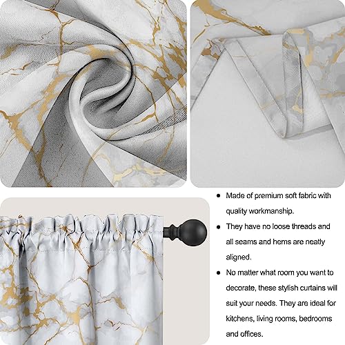 ULQUISNCE Marble Luxury Gold Tier and Swag Window Curtain Set, 3Pcs Kitchen Curtain Marble Art Valance Set White Rod Pocket Curtain for Kitchen Window Modern Unique Patterns