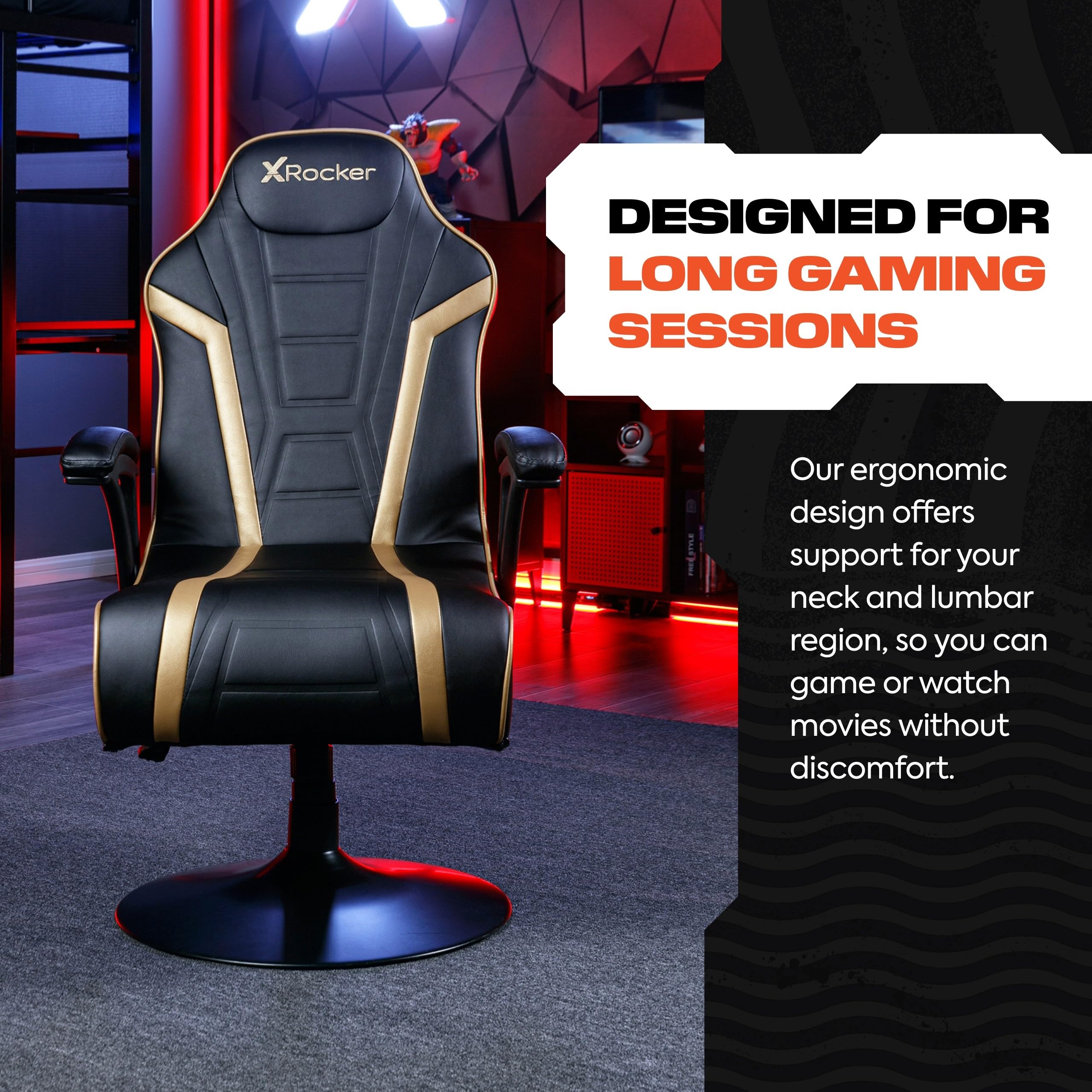 X Rocker Trident Pedestal Video Gaming Chair, Wireless Audio, Backrest Mounted Subwoofer, Padded Armrest, Amazon Exclusive, Black and Gold