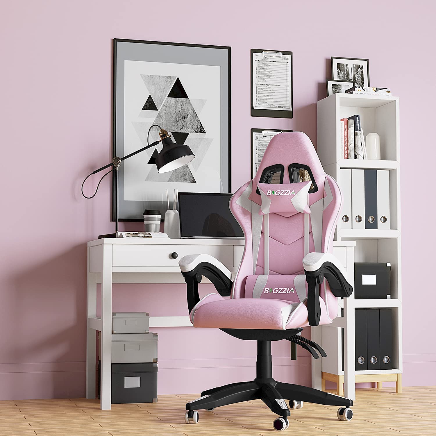 Bigzzia Pink Gaming Chair, Reclining High Back PU Leather Office Desk Chair with Headrest and Lumbar Support, Adjustable Swivel Rolling Video Game Chairs Ergonomic Racing Computer Chair