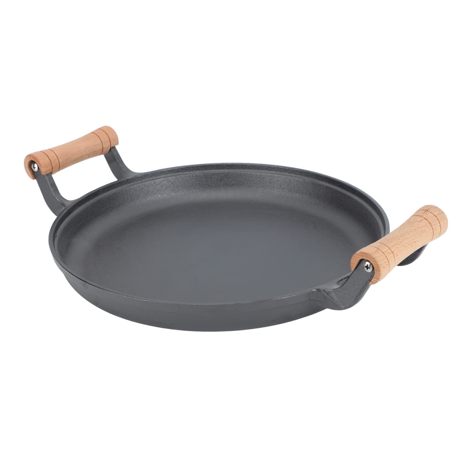 Depurate Round Cast Iron BBQ Grill Pan Dual Wooden Handles Steak Frying Meats Roasting Skillets Gatherings (33cm/12.99in)