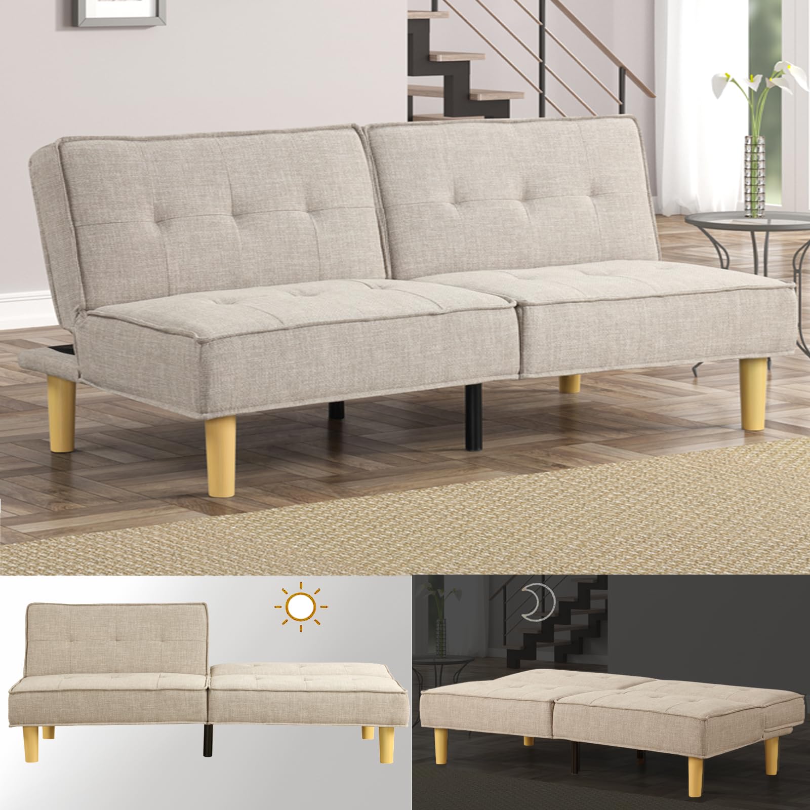 Furrich Convertible Futon Sofa Bed, Loveseat Foldable Futon Couch Adjustable Backrest, Small Futon Couch for Living Room, Small Space, Apartment, Beige Fabric 307BG