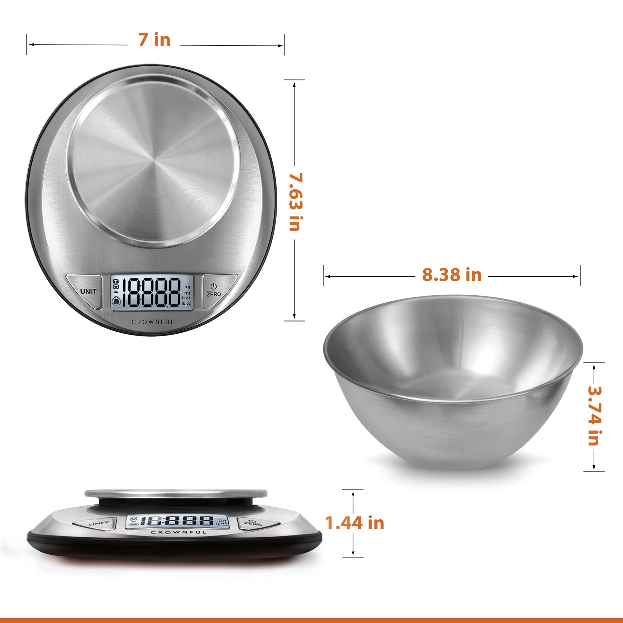 CROWNFUL Digital Food Scale with Bowl,11lb/5kg Kitchen Scales Digital Weight Grams and Ounces for Cooking and Baking,Kitchen Scale with Bowl (Batteries Included)