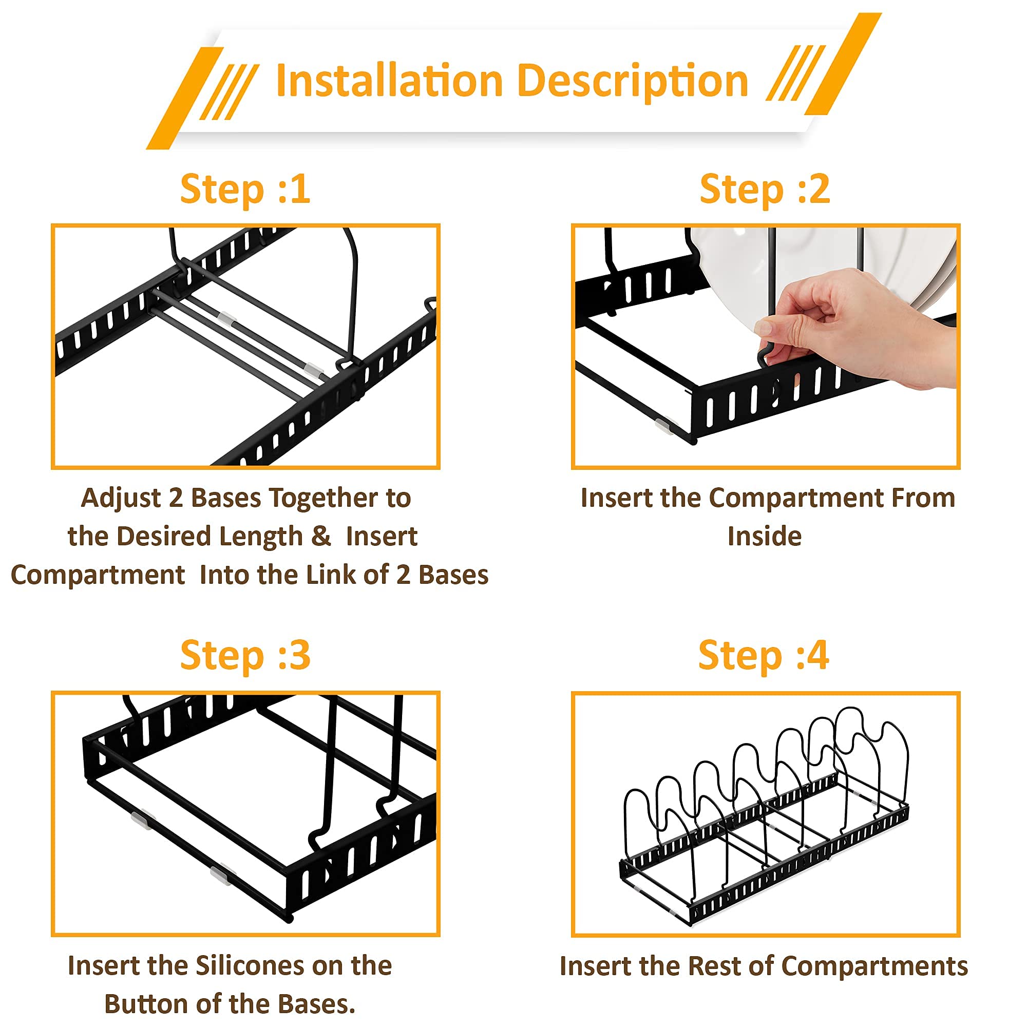 COZIMORE Pots and Pans Organizer,Pan Organizer rack for cabinet, and Rack Organizer with 7 dividers,Dish Rack for Cabinets, Lid Organizer, Cabinet Organizer BLACK