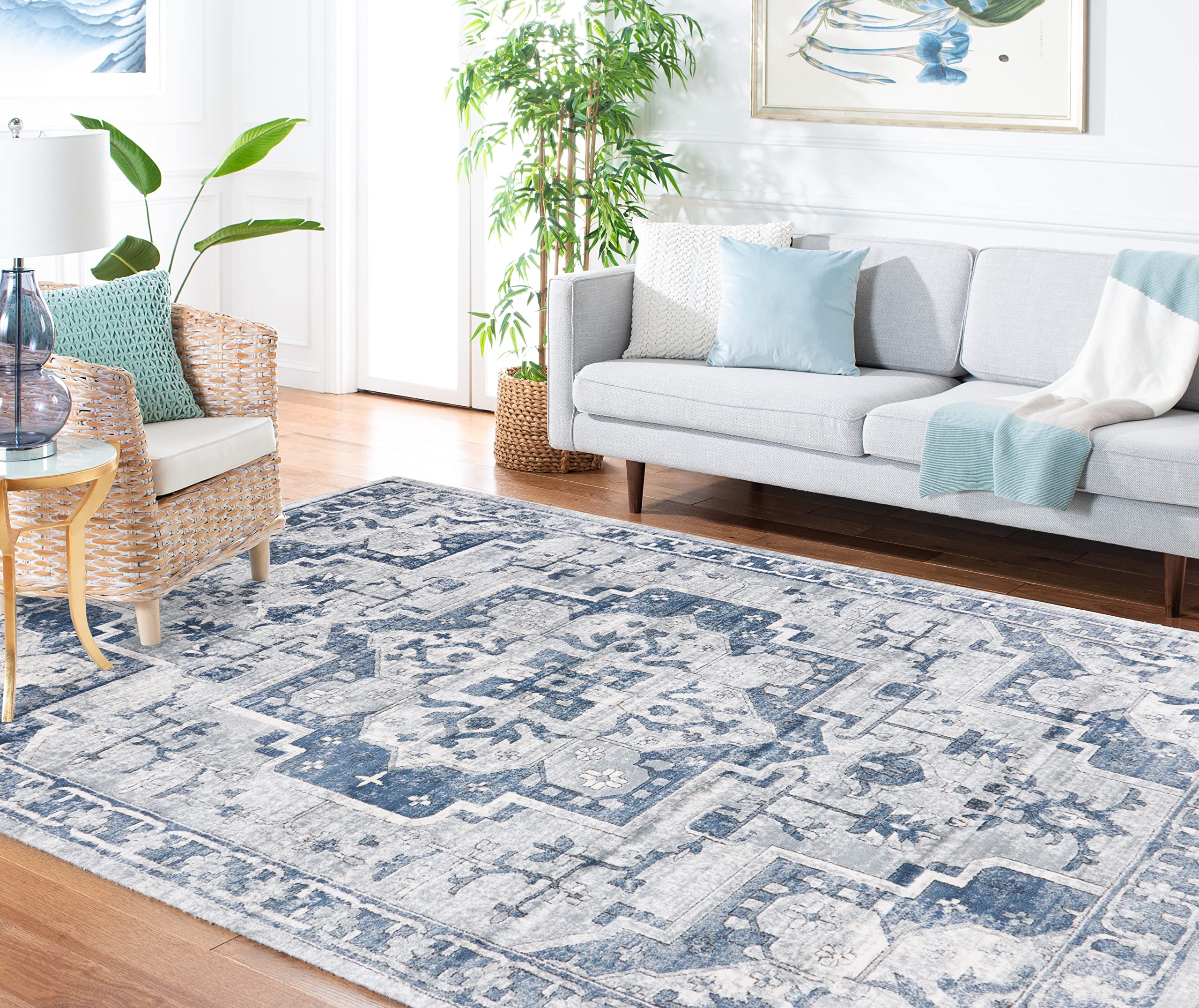 MARTHA STEWART x SAFAVIEH 9' x 12' Navy/Ivory MSR883N Denver Traditional Medallion Non-Shedding Area Rug