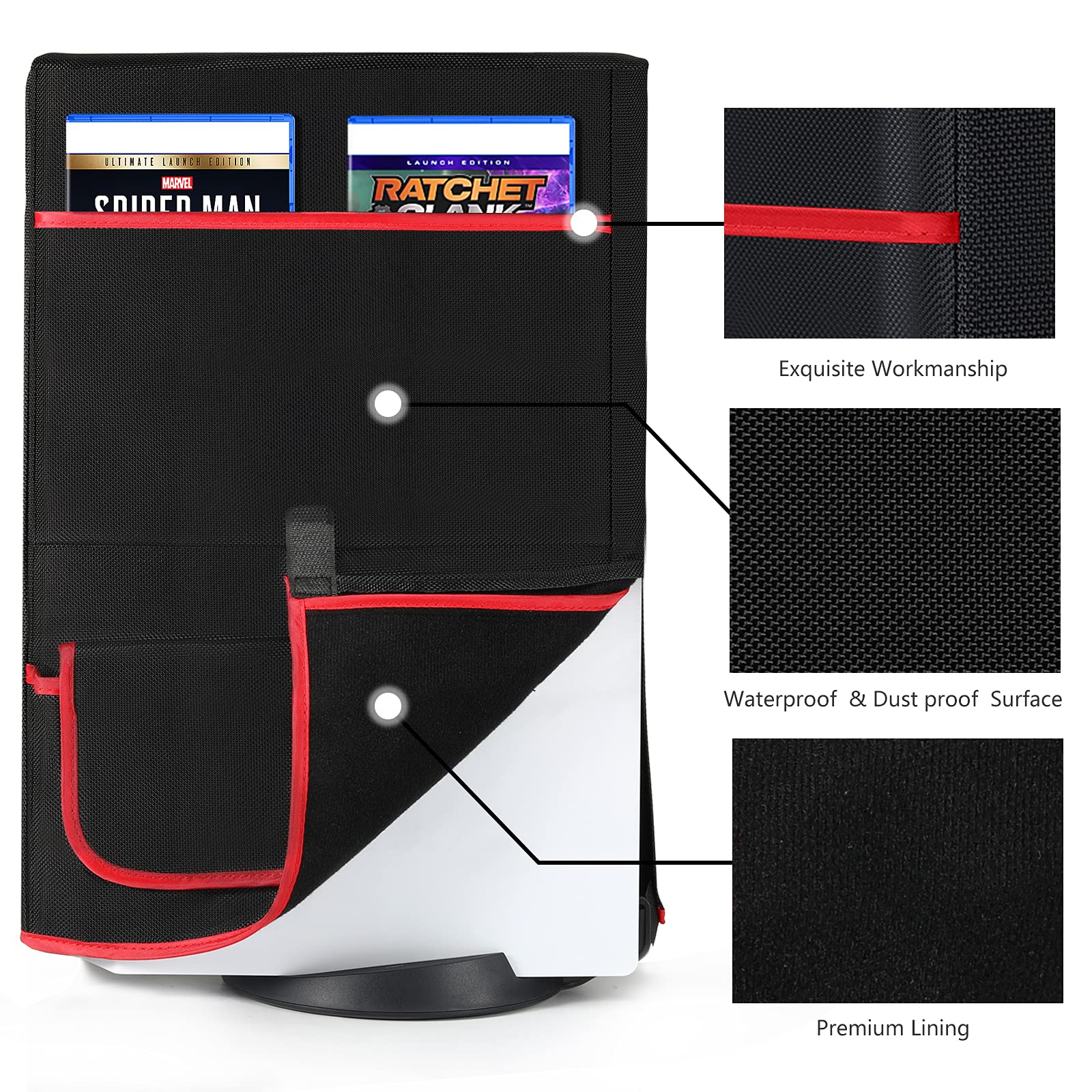 TiMOVO Dust Cover for PS5 Console, Soft Lining Dust Guard for Playstation 5 Console Digital Edition & Regular Edition, Waterproof Protective Sleeve with Game Disc & Controller Storage Pocket, Black