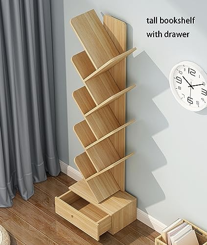 VERAMY 9 Tier Tall Bookshelf Tree Bookshelf with Drawer Corner Bookshelf Floor Standing Bookcase Large Capacity Bookshelf Utility Organizer Shelves for Living Room Bedroom
