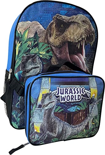 Jurassic World 15 Inch Kids Backpack With Removable Lunch Box Set (Blue-Black)