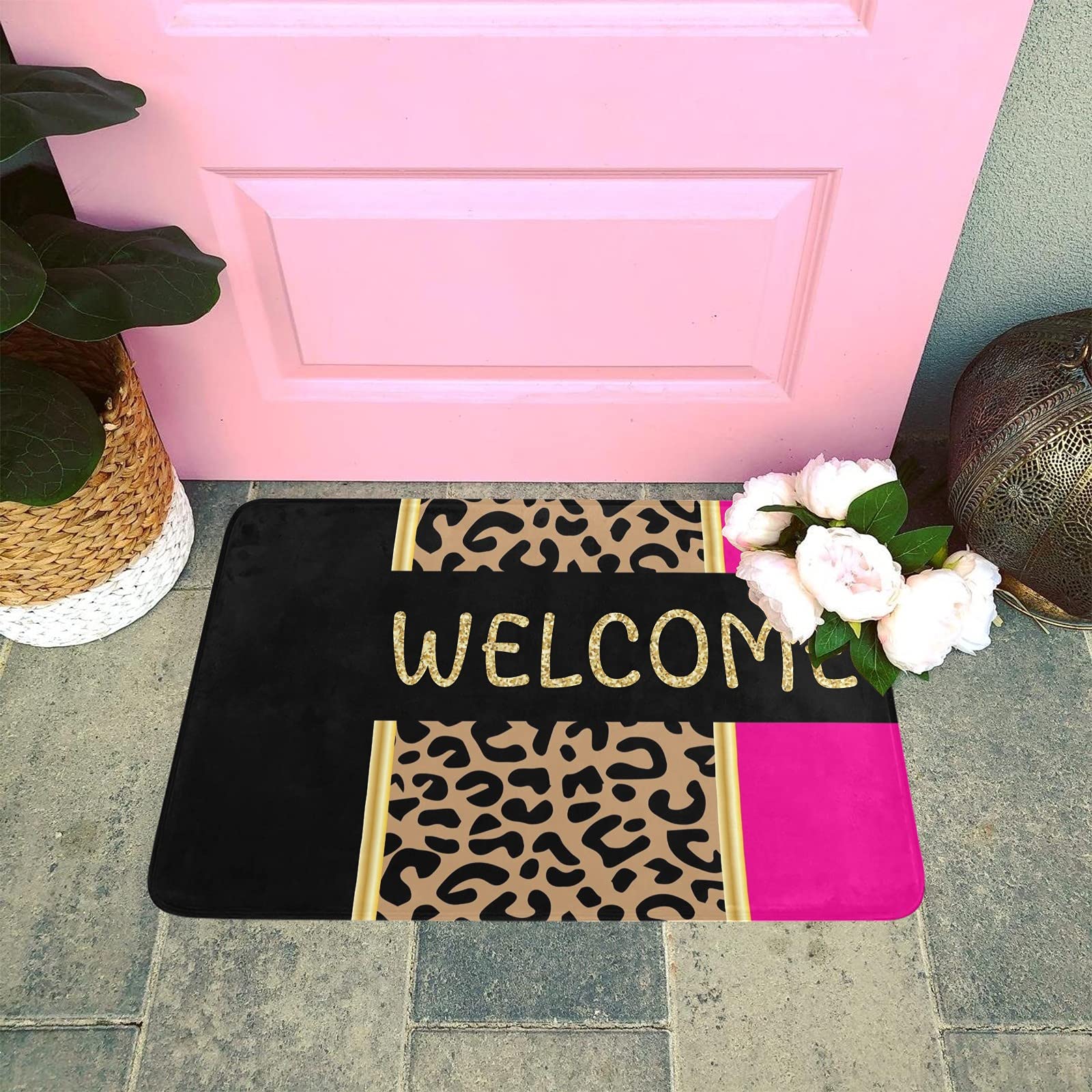 XOZOTY Personalized Doormat with Leopard Print Pink Stripe Indoor Outdoor Welcome Entrance Office Garden Kitchen Door Mat Area Rug Home Decor 30 x18 Inch