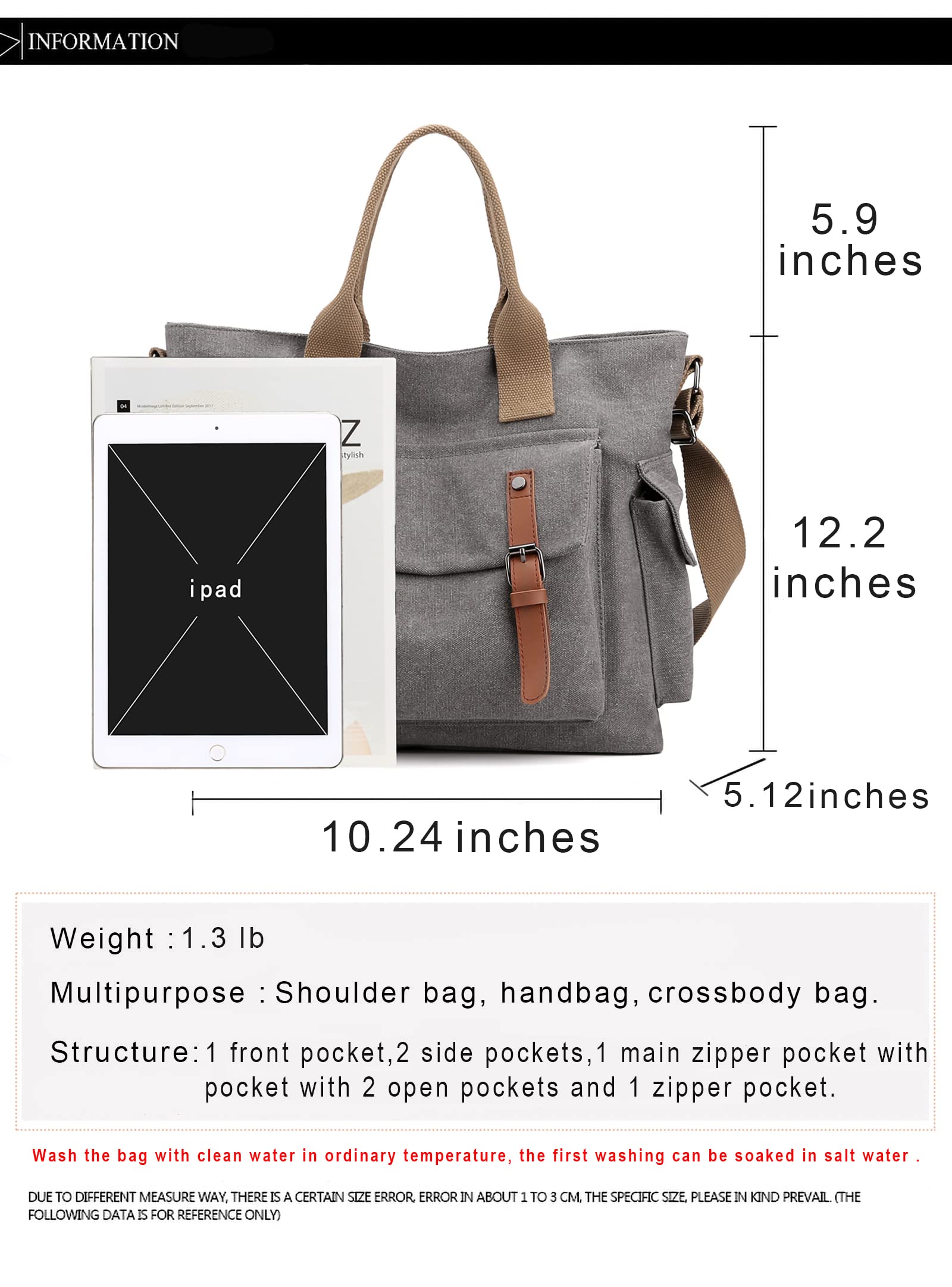 Eamom Canvas Handbags for Women Multi Pocket Crossbody Bags for Women Canvas Shoulder Bag (Khaki)