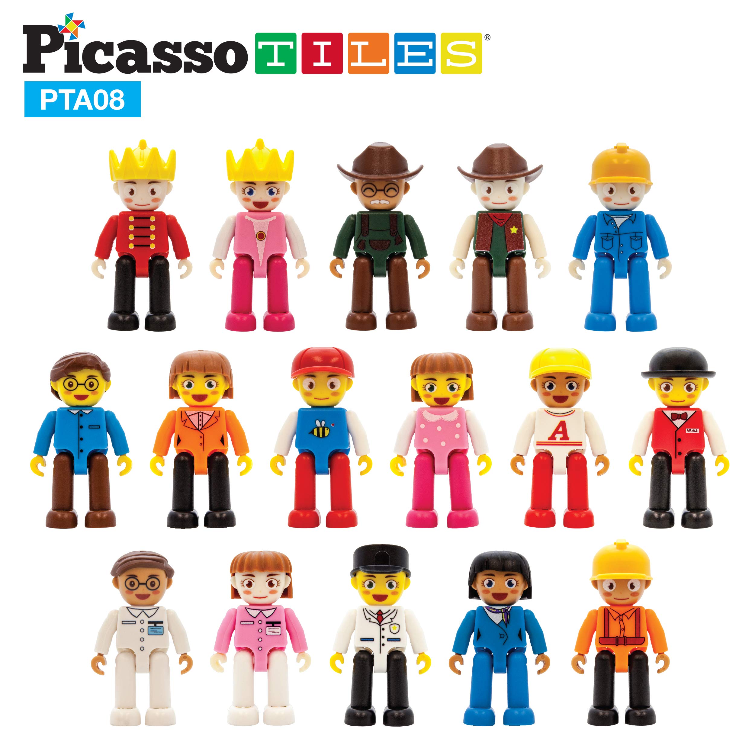 PicassoTiles 16 Piece Character Action Figures Toddler Toy Set Expansion Pack Magnetic Construction Blocks STEM Pretend Play Toys Building Tiles PTA08