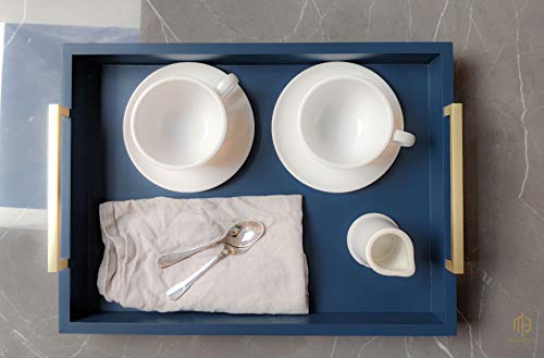 Montecito Home Decorative Coffee Table Tray - Ottoman Tray - Breakfast, Drinks, Liquor Serving Platter - from Farmhouse to Modern - Matte Finish - Champagne Gold Handles - Twilight Blue
