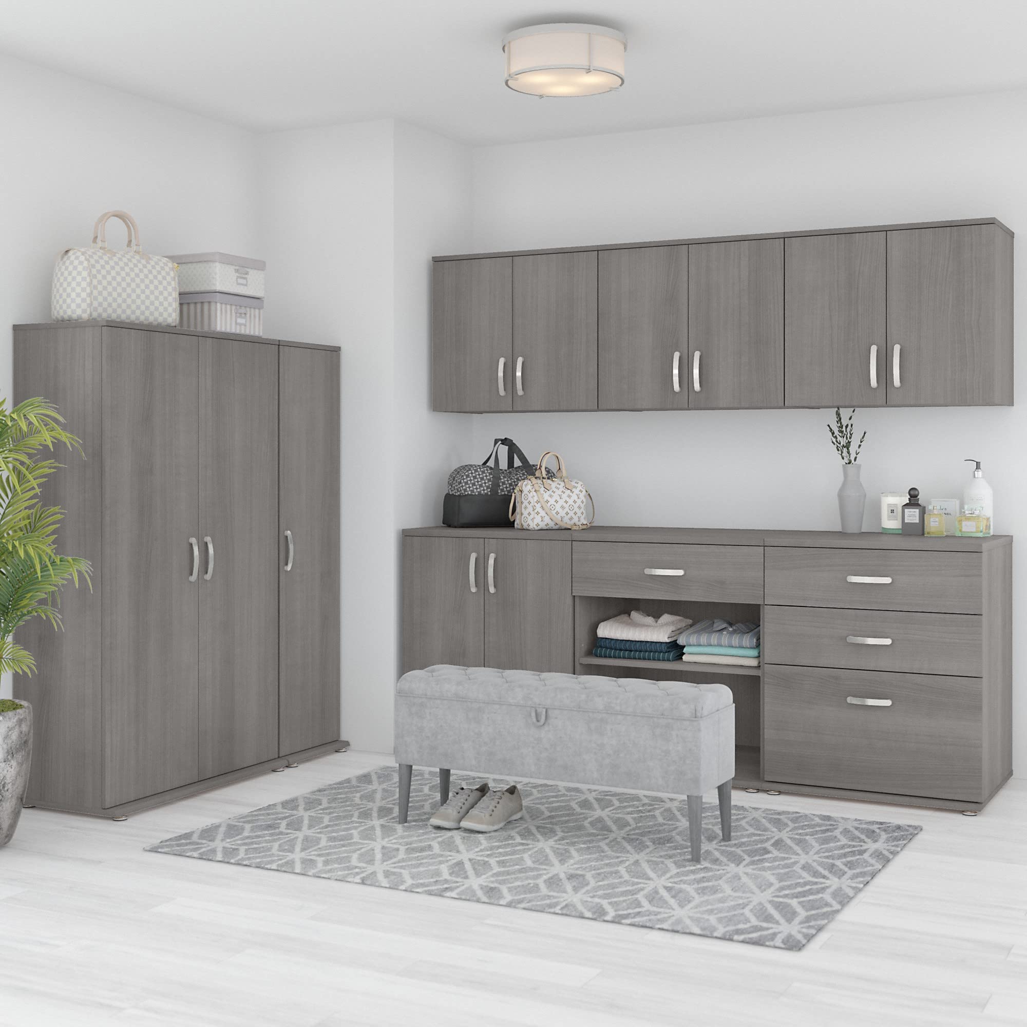 Bush Business Furniture Universal 8 Piece Modular Closet Storage Set with Floor and Wall Cabinets, Platinum Gray