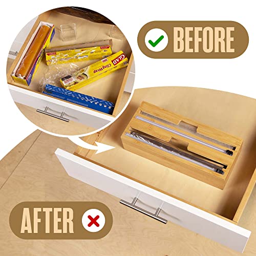 Plastic Wrap Dispenser with Cutter, Aluminum Foil Organizer, Two in One Roll Holder, 13.5"x5.75"x3", Wooden, Bamboo, Reusable, Saran Wrapper Dock, Wax Paper Dispensers for Kitchen Drawer | Houseables