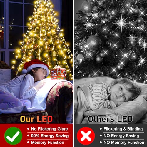 XURISEN Outdoor Christmas Decorations Star Light,11.8 ft 337 LED Waterfall Tree Lights with Topper Star String Lights Plug in, 8 Modes Christmas Lights for Party Home Holiday Decor(Warm White)