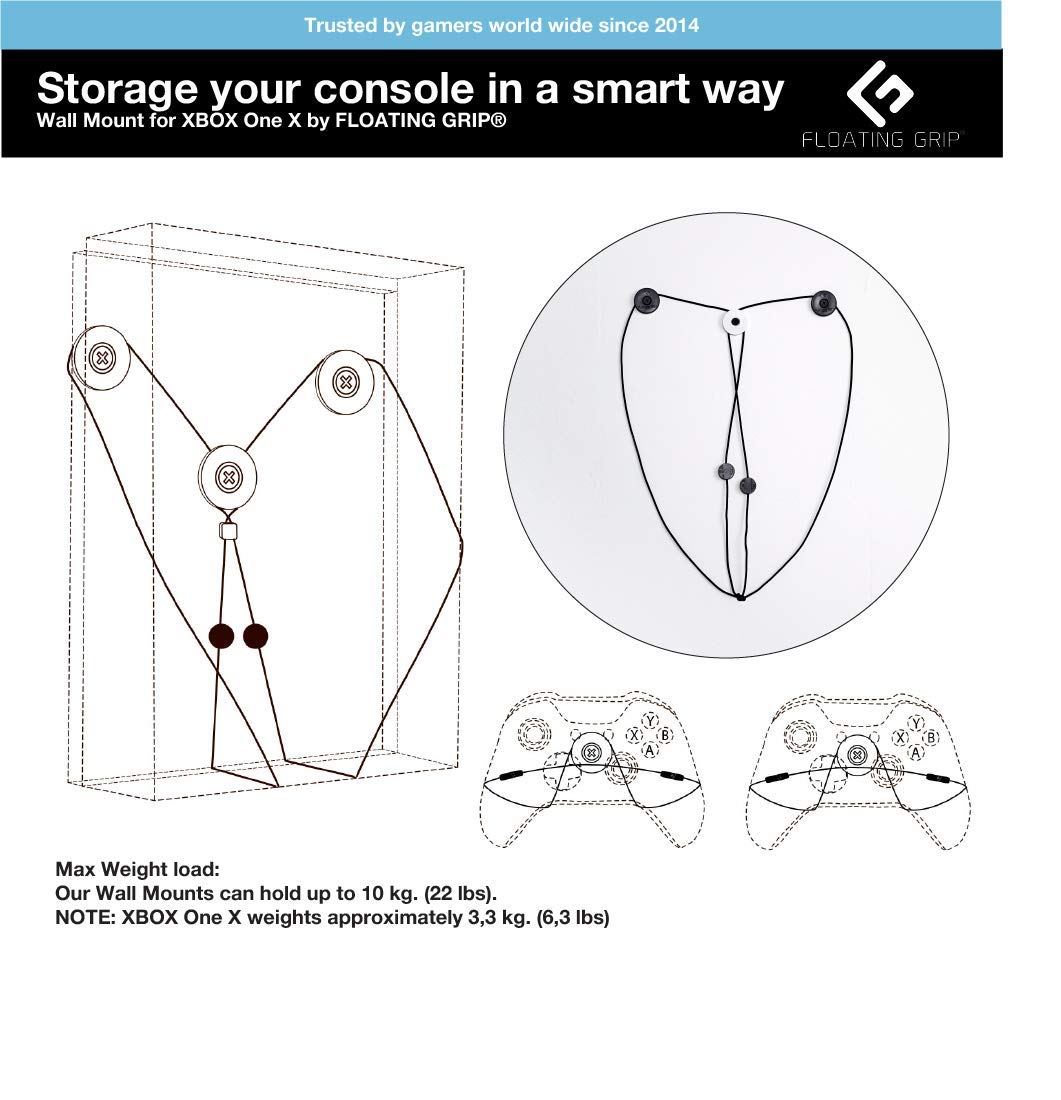 Xbox One X Wall Mount by FLOATING GRIP - Mounting Kit for Hanging Gaming Consoles - Strong & Slim Ropes - Easy-to-Install System (Bundle: Fits Xbox One X + x2 Controllers, Black)