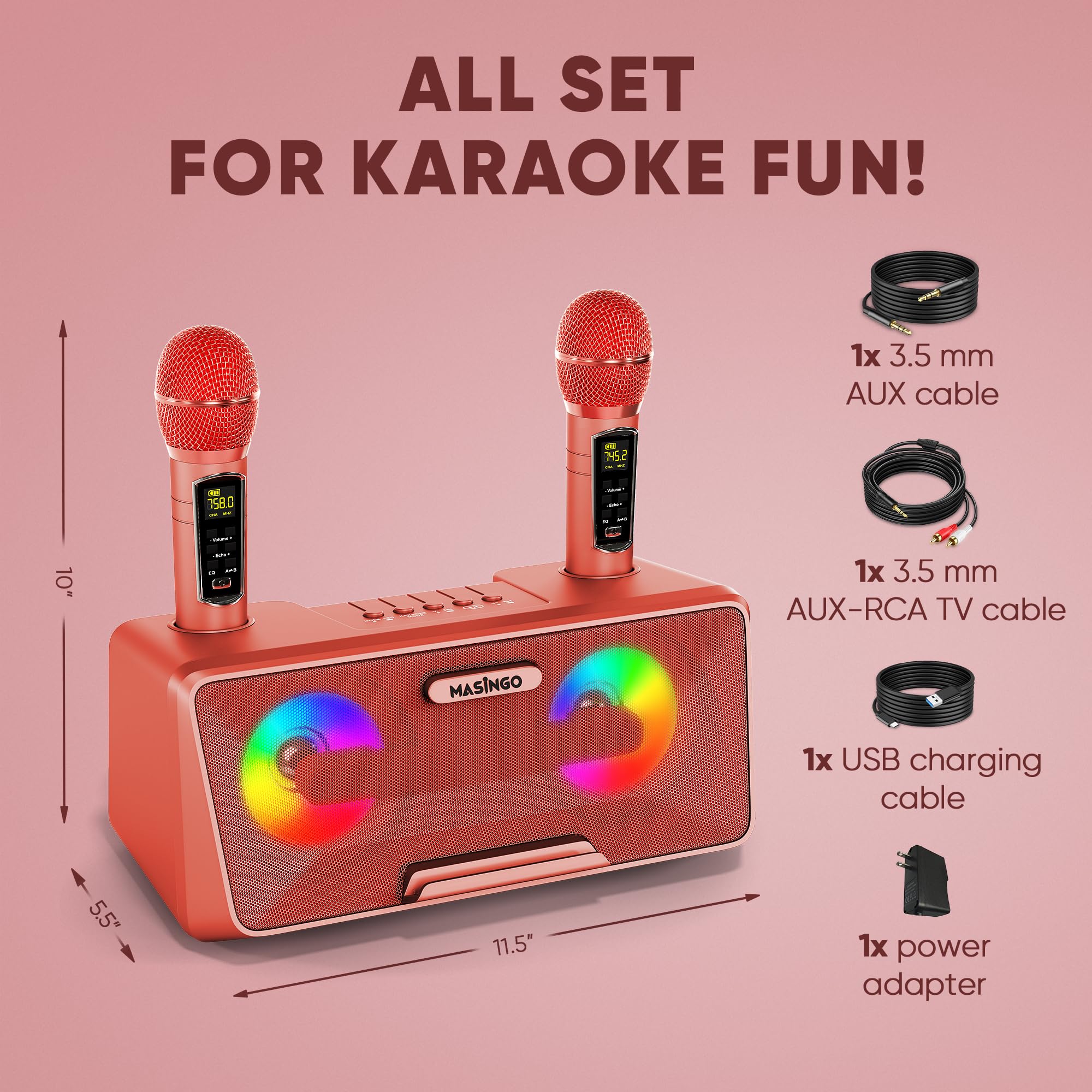 MASINGO Karaoke Machine for Adults and Kids with 2 Wireless Microphones, Portable Bluetooth Singing Speaker, Colorful LED Lights, PA System, Lyrics Display Phone Holder, and TV Cable. Presto G2 Pink