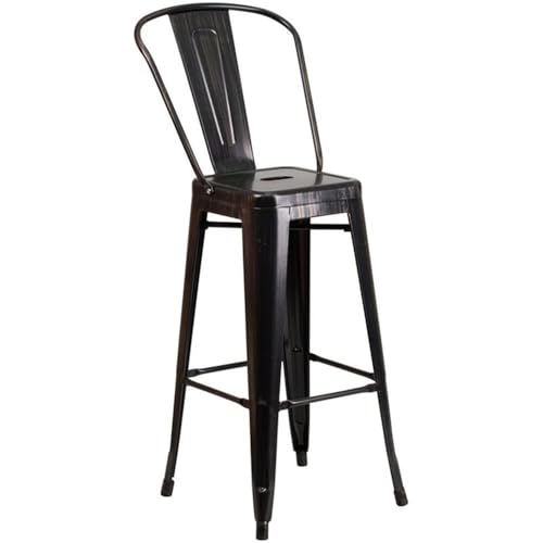 Flash Furniture Commercial Grade 23.75" Square Black-Antique Gold Metal Indoor-Outdoor Bar Table Set with 2 Stools with Backs