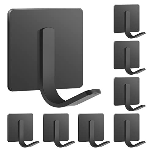 Platybelodon 8 Packs Stick on Hooks Heavy Duty Adhesive Hooks Black Hooks for Hanging Robe Towel Hooks Stainless Steel Waterproof Bathroom Hooks Adhesive Hooks for Kitchen Wardrobe Sticky Hooks