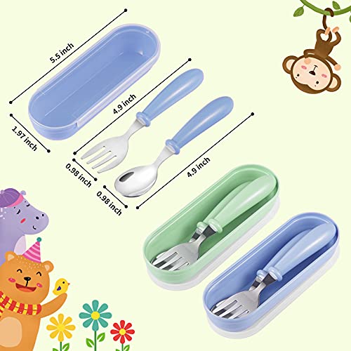 Kirecoo 4 Pieces Toddler Utensils Stainless Steel Baby Forks and Spoons Silverware Set Kids Silverware Children's Flatware Kids Cutlery Set with Travel Carrying Cases for Lunch Box (Blue&Green)