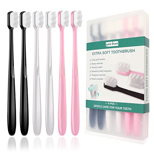 GoldDawn Extra Soft Toothbrush for Sensitive Teeth and Gums,Micro Fur Manual Toothbrush with 20000 Ultra Soft Bristle, Excellent Cleaning Effect, Perfect for Adults & Kids (6 Pack White Bristles)