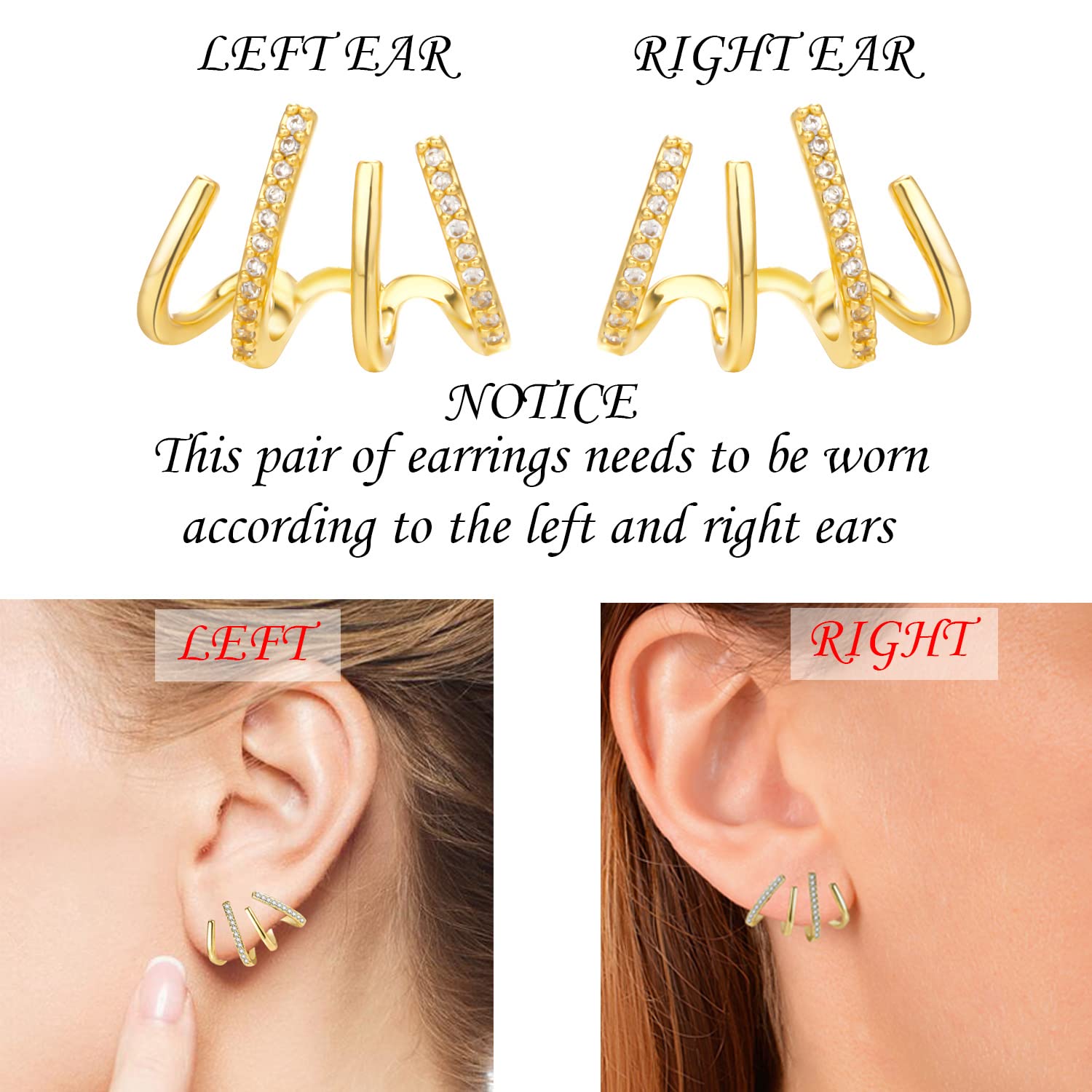 Claw Cuff Earring for Women, Zircon Needle Ear Cuffs Stud Earrings Minimalist Ear Wrap Piercing Earrings for Girls (2 Pcs Gold+2 Pcs Silver)