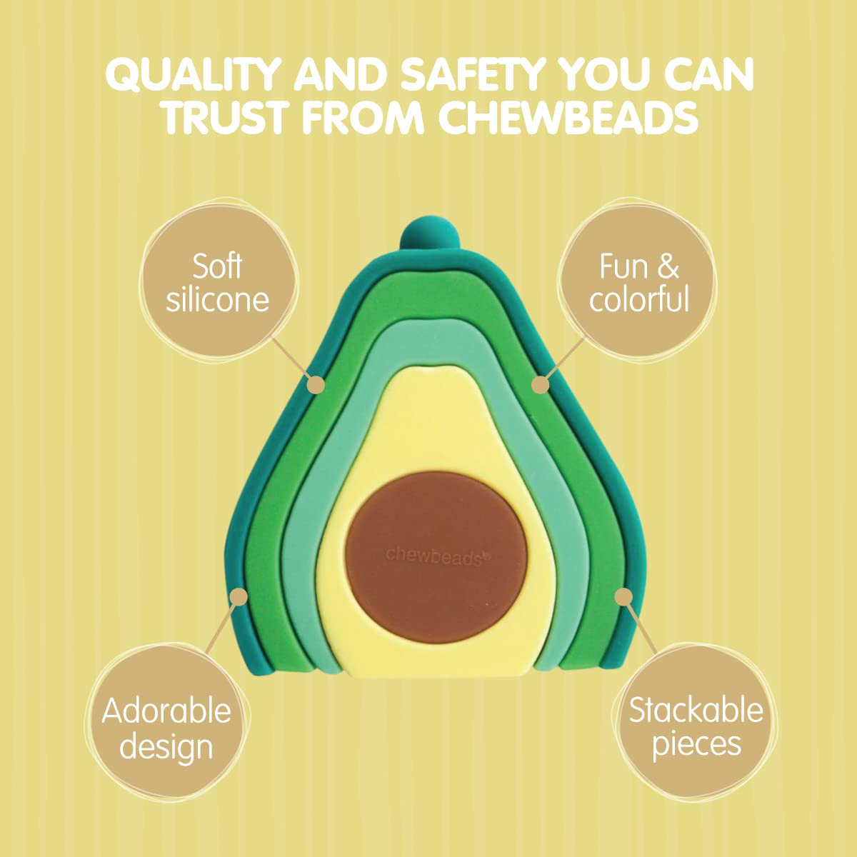 Chewbeads Avocado Baby Stacking Toy - 100% Silicone Stacking Toy for Babies 6-12 Months to Develop Fine Motor Skills - Fun, Colorful Avocado Baby Toy - Dishwasher Safe, BPA & Phthalate Free