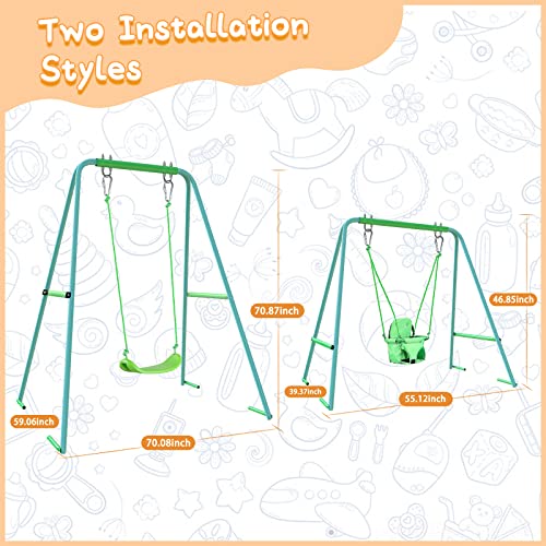 Kiriner Swing Set Outdoor Swings for Kids Toddlers with Waterproof Metal A-Frame, 4 Anchors, Two Swing Seats Swing Sets for Backyard Playground 2-in-1 Swing Set