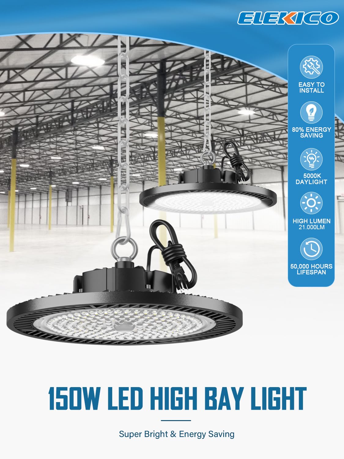 ELEKICO UFO Led High Bay Light 150W 5000K Shop Lights 21000Lm Daylight with Plug, UFO High Bay Lights for Garage Warehouse Workshop Factory Barn Logistics Center 6 Pack