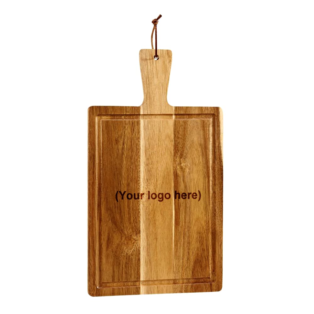 Creative Gifts International Acacia Wood Carving Board, Charcuterie Board With Handle And Lanyard, Beveled Edge, 17" x 9.75", Cutting Board Wedding Gift, Customized & Personalized Image Or Logo
