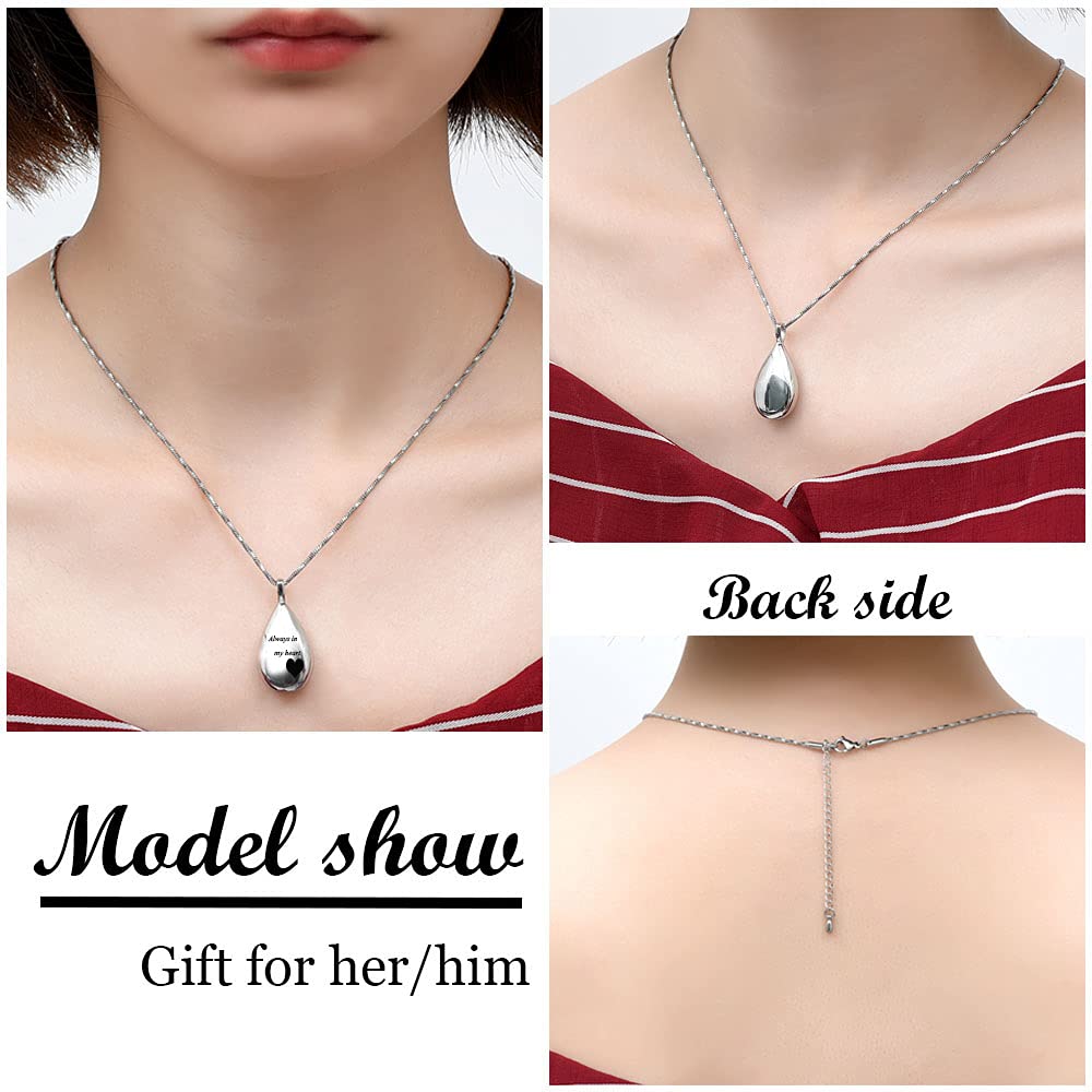 Carved Teardrop Keepsake Ashes Necklace Urn Pendant Cremation Memorial Jewelry Always in my heart