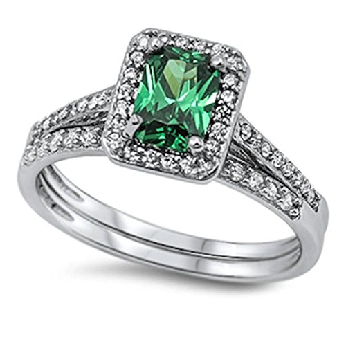 Blue Apple Co. Halo Wedding Engagement Band Ring Emerald Cut Simulated Green Emerald Round CZ 925 Sterling Silver